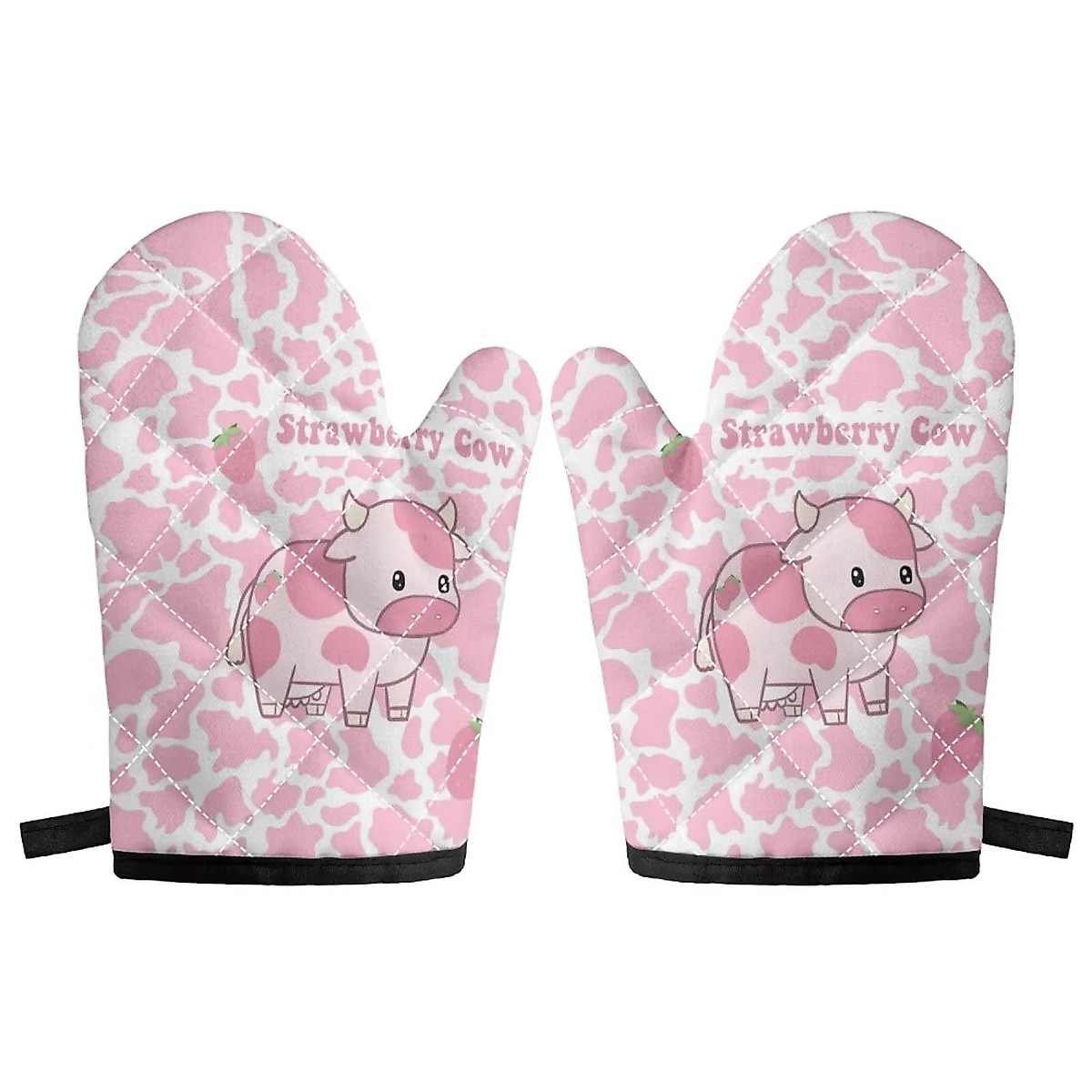Buybai Cute Cow Strawberry Pattern Kitchen Oven Gloves Heat Resistant Oven Mitts Women Kitchen for BBQ, Baking, Cooking