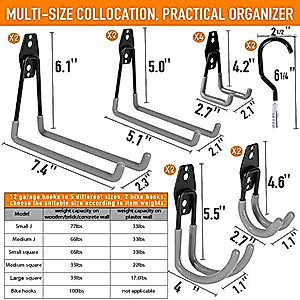 Garage Hooks, 14 Pack Heavy Duty Garage Storage Hooks Wall Mount Utility Hook Steel Double Tool Hangers with Bike Hooks for Hanging and Organizing Ladder Bicycle Stroller, Garden Tools, Bulk Items