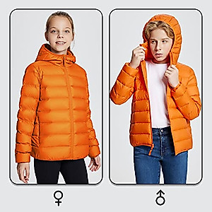BALEAF Kids Puffer Down Jackets with Hood for Boys Girls Ultralight Packable Cold Winter Lightweight Outerwear Orange XS
