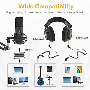 MAONO AU-A04 USB Microphone with AU-MH601 Studio Monitor Headphones Bundle Streaming Podcasting Pack Plug and Play for Computer, YouTube, Music