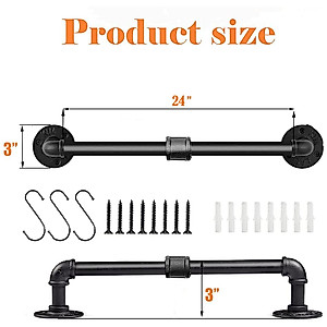 Janyang Industrial Pipe Towel Bar 24 inch Towel Rack Towel Holder with 3 Hooks, Wall Mounted DIY Style, Matte Black Finish for Kitchen Or Bath Hanging