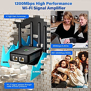 WiFi Extender, 1200Mbps Wi-Fi Signal Booster Amplifier for Home Up to 9800 sq.ft, WiFi 2.4GHz & 5GHz Dual Band Wireless Repeater with Strong Penetrability, 360° Coverage with Ethernet Port & AP Mode