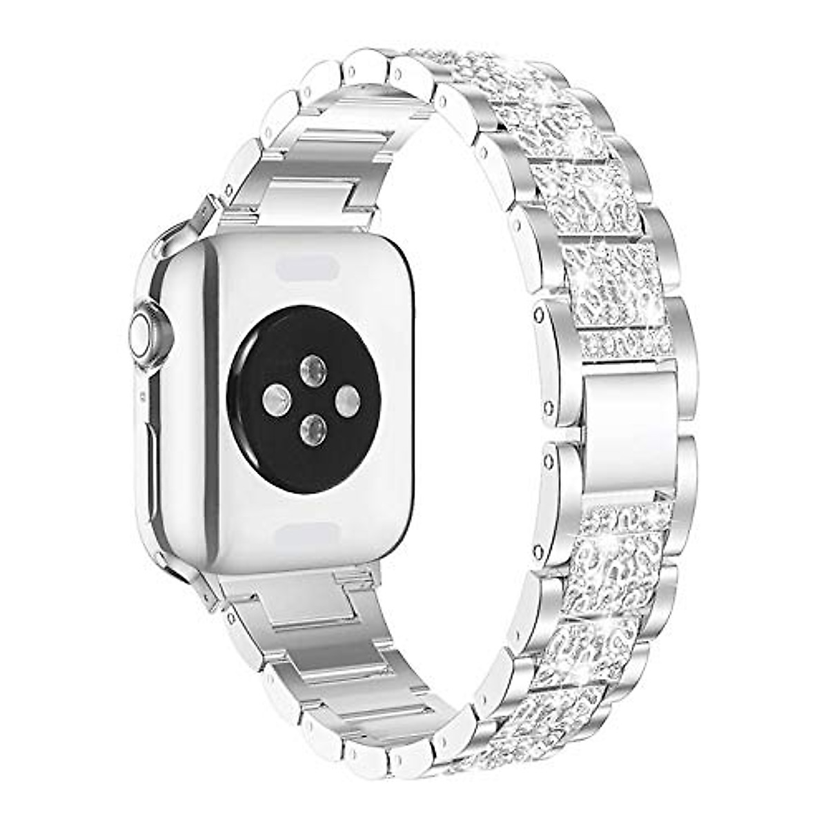 Mosonio Compatible with Apple Watch Band 44mm with Case Women, Jewelry Replacement Metal Wristband Strap with 2 Pack Bling PC Protective Cover for iWatch Series 6/5/4(Silver)