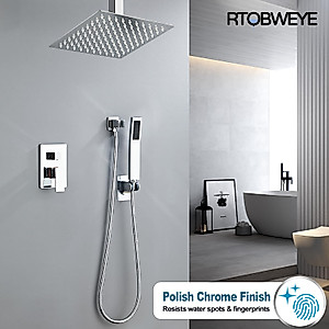 RTOBWEYE 8 Inch Shower Faucet Set High Pressure Rainfall Shower System Ceiling Mount Square Rain Shower Head with Handheld Spray Combo Ceiling Luxury Rainfall Shower Fixtures (L-Style)