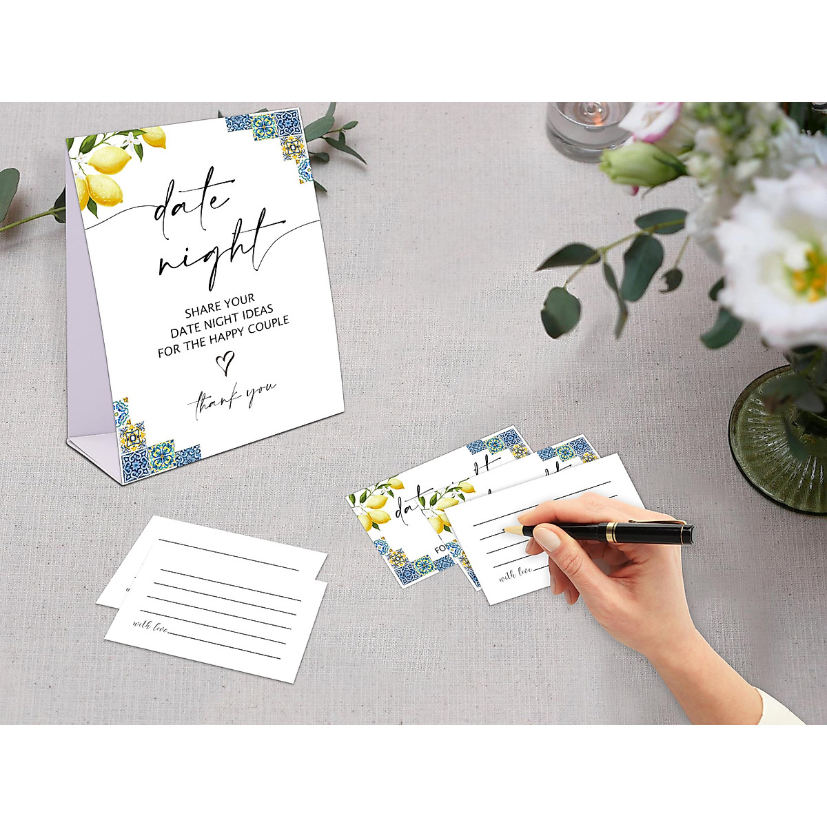 Blue Tiles and Lemons Date Night Game, Date Night Ideas Sign with 50 Cards, Bridal Shower Game, Modern Bridal Shower Decorations, Wedding Date Night Advice - 02