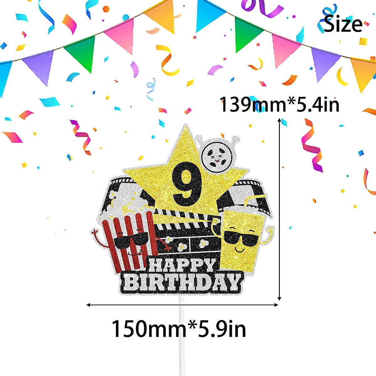 Movie Themed Happy 9th Birthday Cake Topper for Kids - Perfect for a boy or girl's movie-themed birthday party, movie night party, or Hollywood party popcorn movie projector decorations -SugarGera