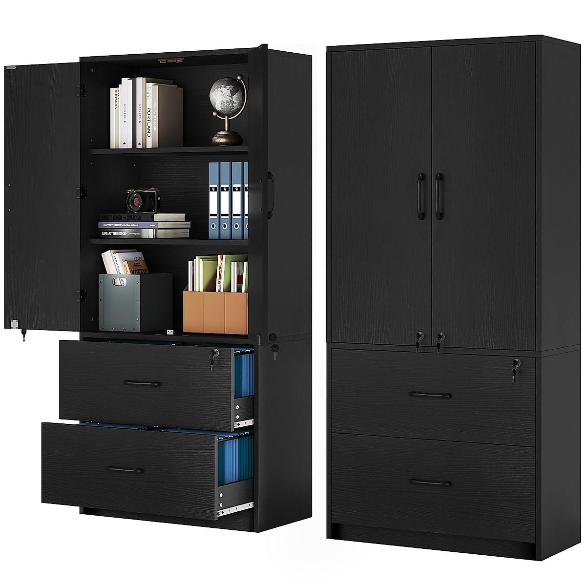 YITAHOME Wood File Cabinets, Heavy Duty Garage Tool Cabinets with Doors & Adjustable Shelves, Big Storage Filing Lockers for Home Office, Living Room, Pantry, Gym, Basement, Warehouse, Black