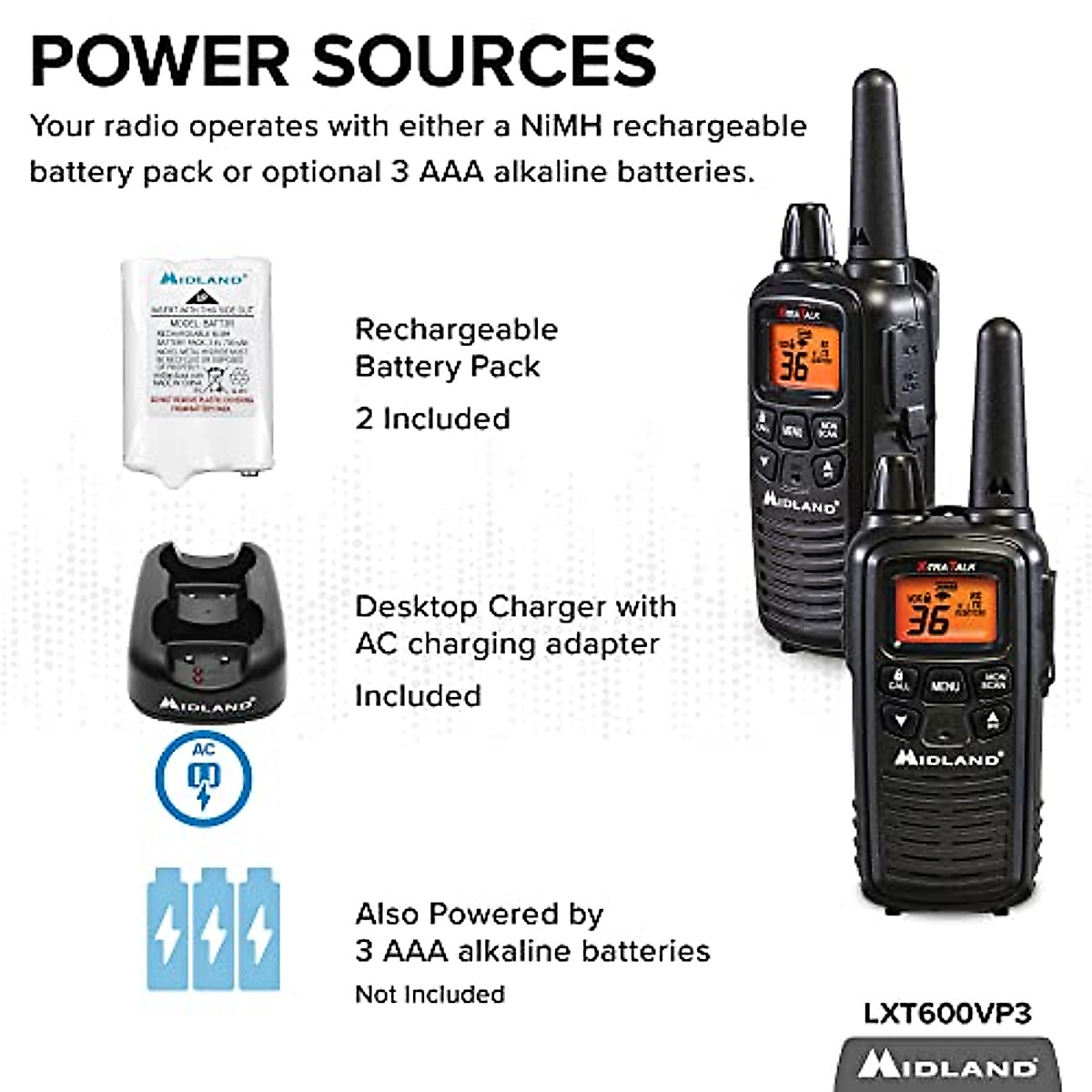 Midland - LXT600VP3, 36 Channel FRS Two-Way Radio - Up to 30 Mile Range Walkie Talkie, 121 Privacy Codes, NOAA Weather Scan + Alert (Pair Pack) (Black)
