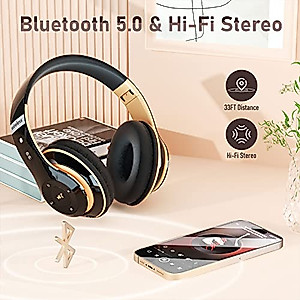 Bluetooth Headphones Over Ear, 6S Foldable Wireless Headphones with 6 EQ Modes, 40 Hours Playtime HiFi Stereo Headset with Mic, Soft Ear Pads, TF/FM for Cellphone/PC/Home (Black & Gold)