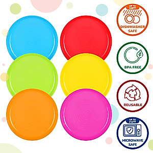 PLASKIDY Kids Plates Set of 6 Toddler Plates - Childrens Reusable Plastic Plates BPA Free - Microwave/Dishwasher Safe Plastic Dinner Plates for Kids & Toddlers