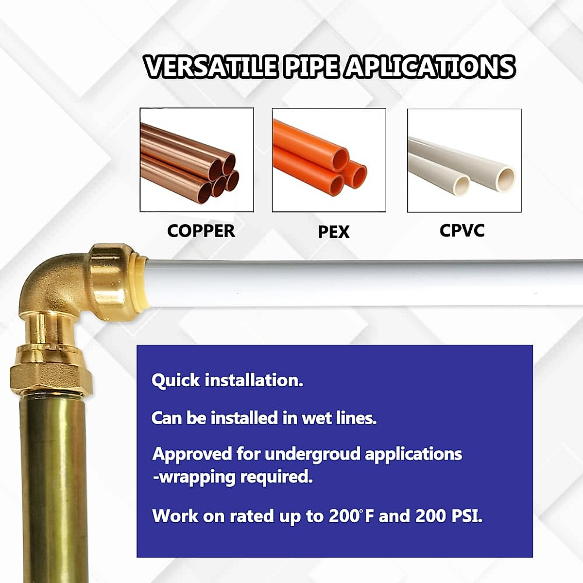 HQMPC Push Elbow Coupling with Union 3/4"X3/4" 2Pcs Push-to-Connect Plumbing Fittings Brass Pipe Connector Fittings for Copper PEX CPVC