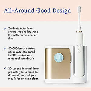 Vanity Planet Elements Ultrasonic Electric Toothbrush - Gold - Advanced Oral Care with UV Sanitizing Charger Base with 3 Replacement Heads - 99.9% Effective Keeping Your Teeth Clean