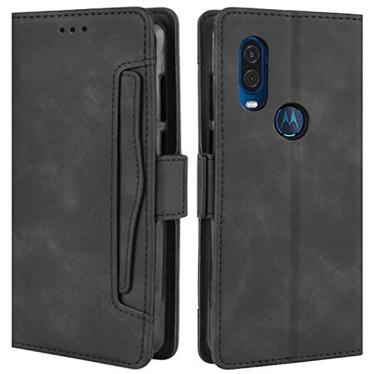 HualuBro Motorola One Vision Case, Magnetic Full Body Protection Shockproof Flip Leather Wallet Case Cover with Card Slot Holder for Motorola Moto One Vision Phone Case (Black)