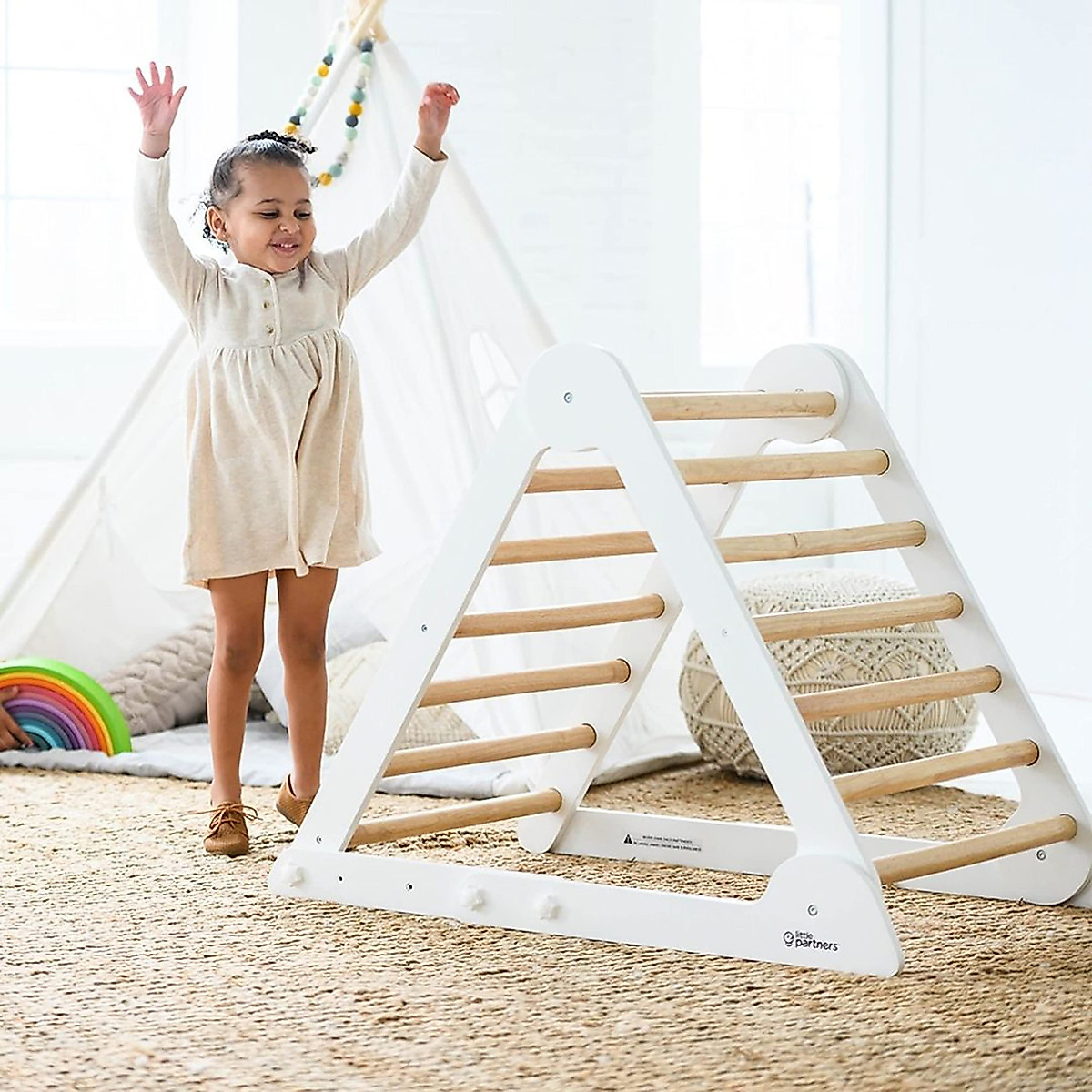 Little Partners Learn 'N Climb Wooden Climbing Triangle Foldable Wood Climbing Gym for Toddlers, Pickler Toddler Style Foldable Climber (Soft White w/Natural, Unassembled)