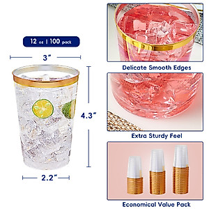 JOLLY CHEF 100 Pack Gold Plastic Cups, 12 oz Clear Plastic Cups Tumblers, Elegant Gold Rimmed Plastic Cups, Disposable Cups with Gold Rim Perfect for Wedding, Thanksgiving Day, Christmas Party Cups