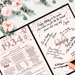 Crenics 90th Birthday Gift for Women, Creative Back in 1934 Birthday Poster, Giant 90th Birthday Guest Signature Book, Black and Pink 90 Birthday Decorations Party Supplies