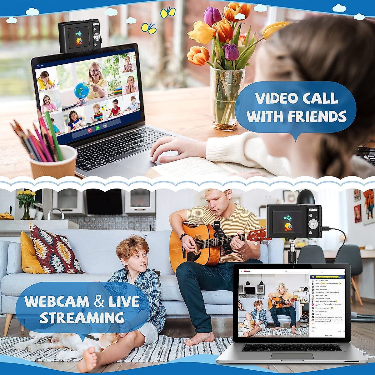 Digital Camera, Mini Kids Camera Autofocus FHD 1080P 48MP 16X Zoom LCD Screen with 32GB TF Card 2 Batteries & Charger Compact Portable Camera for Teen