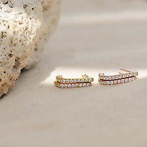 CZ Paved Bar Hook Suspender Earrings 14K Gold Plated