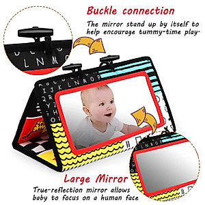 Oarifun Baby Floor Mirror Tummy Time Toys, Activity Double High Contrast Baby Toy Black and White Double Folding Baby Montessori Toys Crawling Activity Mat Floor Mirror for Infants 3 6 12 Months