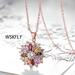 WSKFLY Colorful Snowflake Pendant Necklace, Rose Gold Plated Multi Gemstone Necklaces Marquise Cubic Zirconia Necklace for Women, 18+2 inch