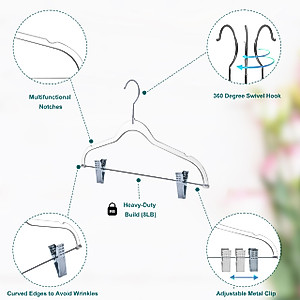 Quality Clear Kids Pants Hangers with Clips 20 Pack | Heavy Duty Skirt Hangers with Swivel Hook and Notches | Space Saving Kids Clip Hangers for Pants | 13.7 Inch (20, Clear)