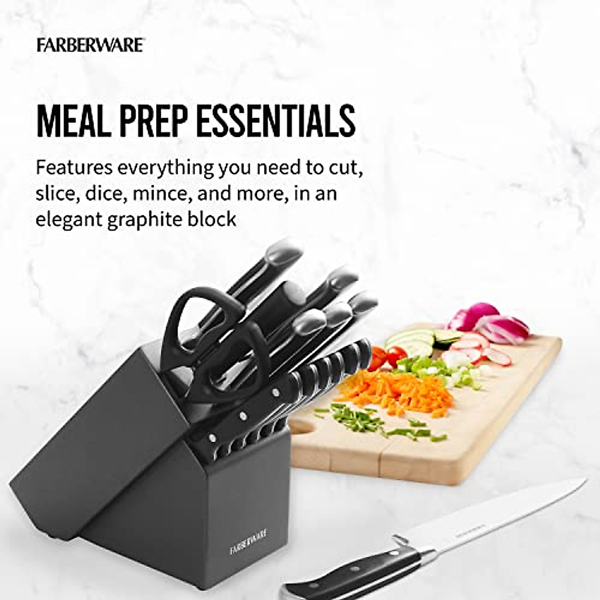 Farberware 15-Piece Forged Triple Riveted Knife Block Set, High Carbon-Stainless Steel Kitchen Knives, Razor-Sharp Knife Set with Wood Block, Graphite