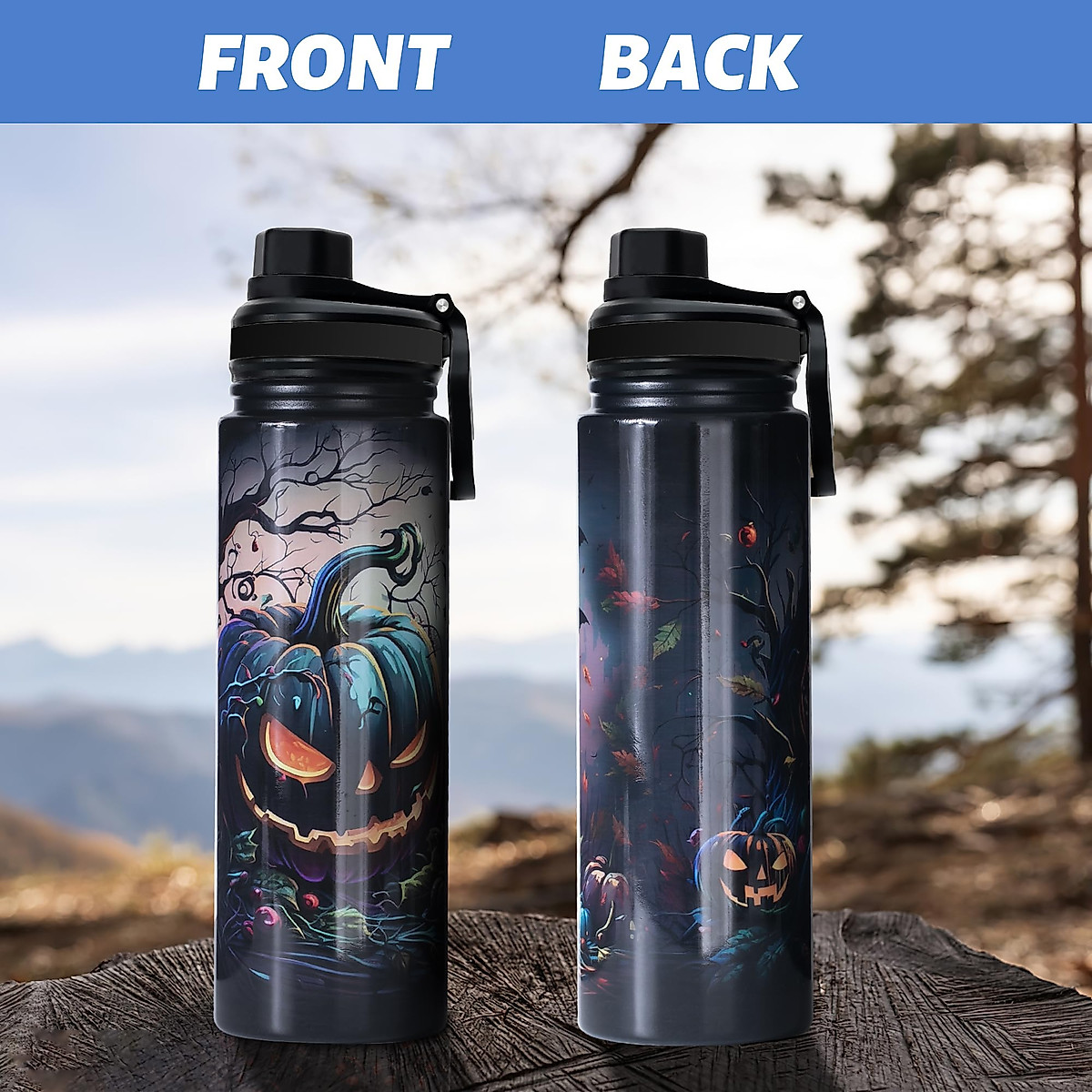 Water Bottle with Spooky Pumpkin Grimace - 24 oz Insulated Cups with Straws and 4 Lids,Halloween Tumbler Gifts for Friends Kids