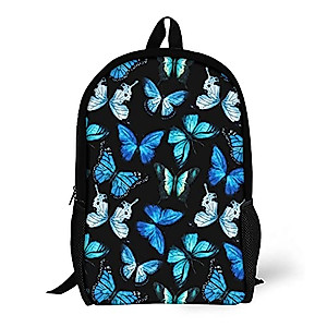 Kamoxi Blue Butterfly Backpack Beautiful Watercolor Insect Animals Black Schoolbag Travel Daypack Lightweight Rucksack Water Resistant Book Bags for Teens Girls Kids, Large 17 Inches