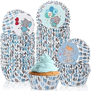 300 count Baby Shower Cupcake Liners Boy Elephant Muffin Cups Paper Liners Blue Cupcake Wrappers Baking Cups Baking Liners Holders for Baby Boy Birthday Party Decorations
