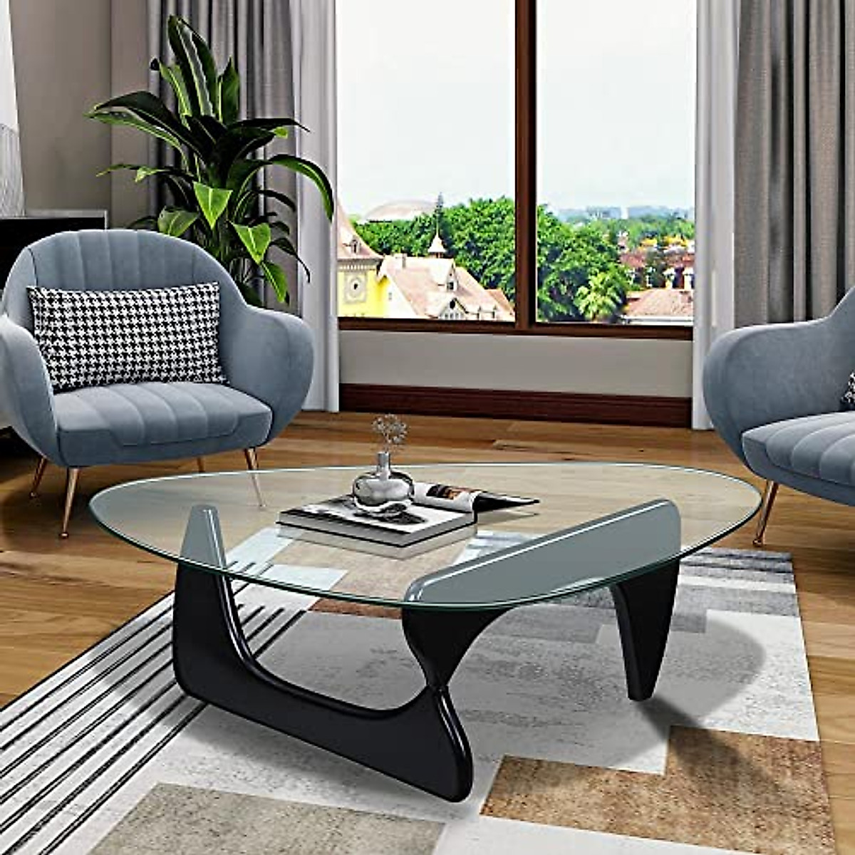 Noguchi Table Triangle Glass Coffee Table with Solid Wood Base, Modern Tempered Glass Accent Table, Sofa Side Table for Living Room Patio Study Office Hotel (Black, 0.472in)