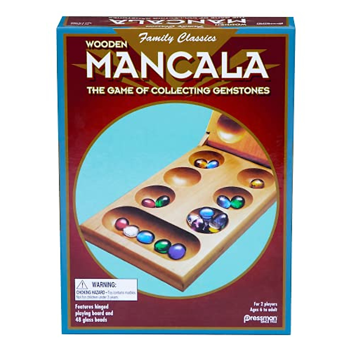 Pressman Mancala - Real Wood Folding Set, with Multicolor Stones by Pressman, 2 players