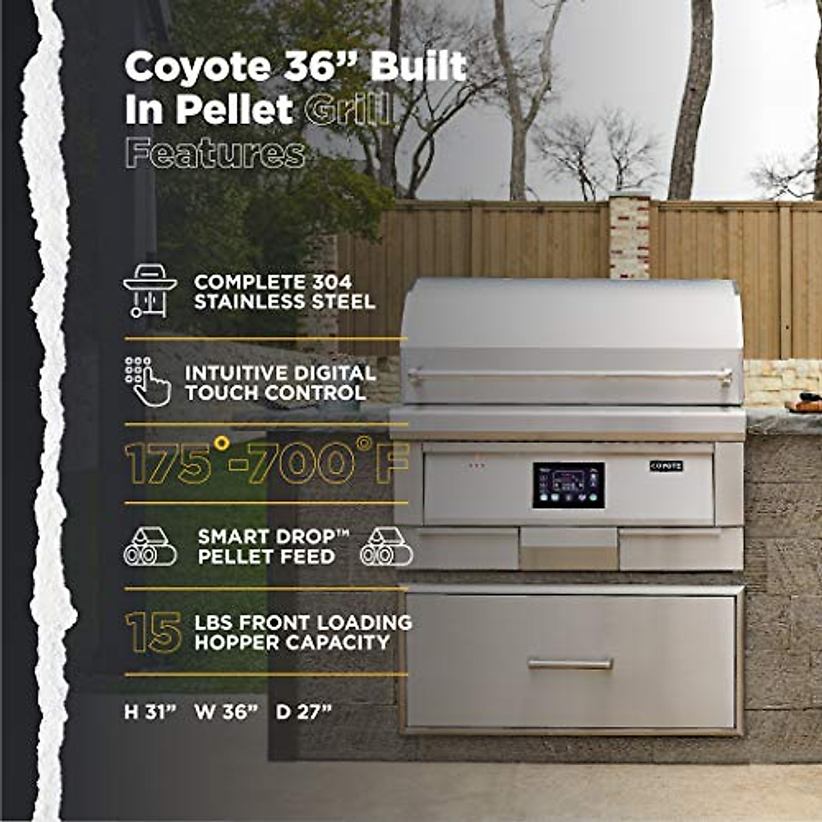 Coyote 36 Inch Built In Pellet Grill, Stainless Steel, 787 sq. inch Cooking Area - C1P36
