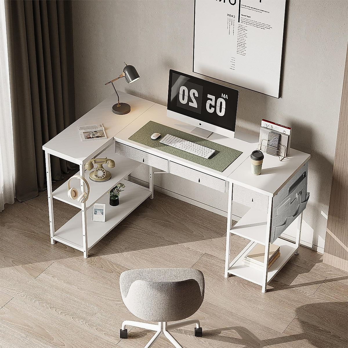 Ｍａｉｈａｉｌ Home Office Desk with Drawers and Shelves, 55” Computer Corner Desk for Small Space, Small L Shaped Desk with Side Storage for Bedroom, White