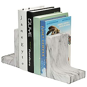 MyGift Marble Style White Ceramic L Shaped Decorative Bookends for Heavy Books Textbook Holders, 1 Pair