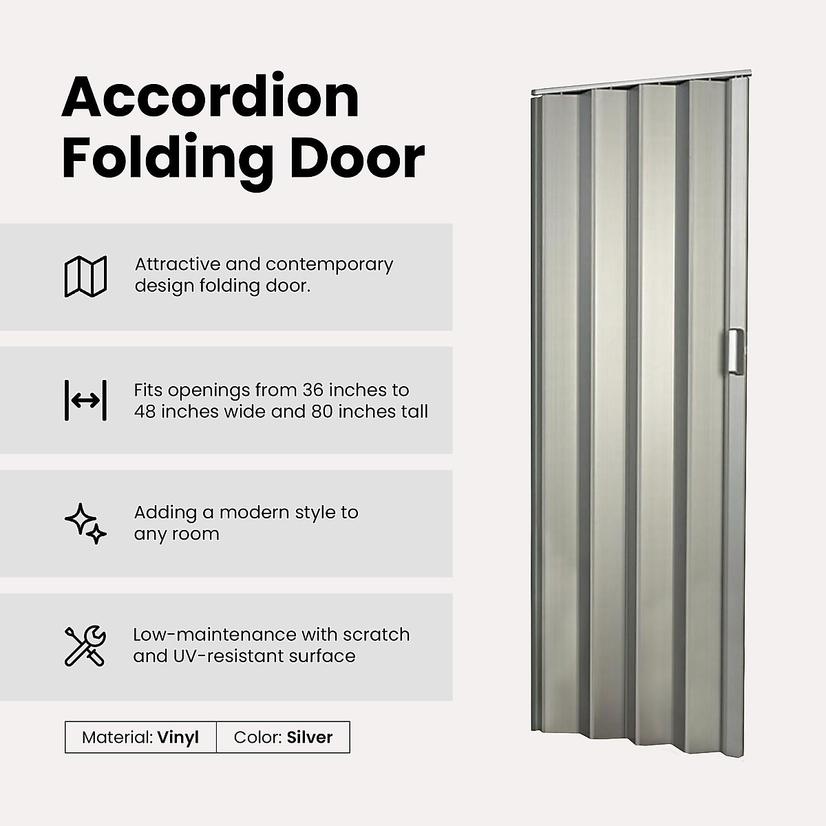LTL Home Products EL4880S Elite Interior Accordion Folding Door, 48 x 80 Inches, Satin Silver