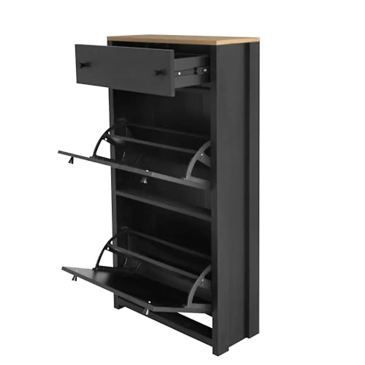 Shoe Storage Cabinet with 2 Flip Drawers, Narrow Shoe Cabinet for Entryway Slim with Wood Grain Top, Wall Hidden Shoe Organizer Cabinet with Adjustable Shelves for Entryway, Hallway, Black