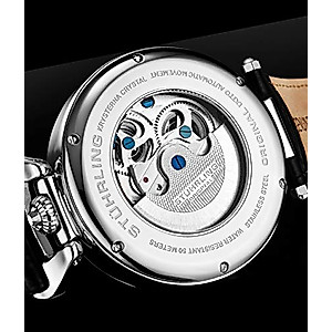 Stührling Original Mens Skeleton Watch Dial Automatic Watch with Calfskin Leather Band and - Dual Time, AM/PM Sun Moon