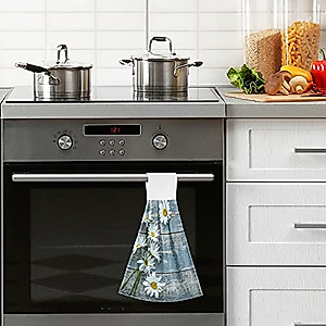 Summer Daisy Flowers Kitchen Hand Towels Vintage Wooden Board Hanging Dish Towels with Loop 2PCS, Soft Super Absorbent Fingertip Towel Dishcloths for Bathroom Washroom Guestroom Hotel 12x17 In