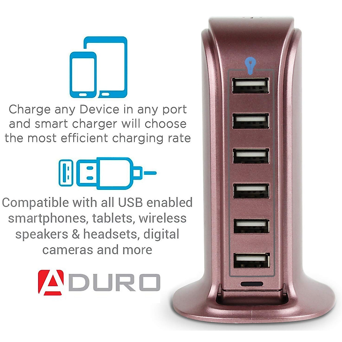 Aduro 40W 6-Port USB Desktop Charging Station Hub Wall Charger for iPhone iPad Tablets Smartphones with Smart Flow (Rose Gold)
