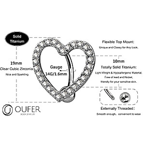 OUFER Titanium Belly Button Rings, Heart Shaped Reverse Belly Ring, Paved CZ Crystal Top-Down Belly Button Piercing, 14G Navel Rings for Women Men…