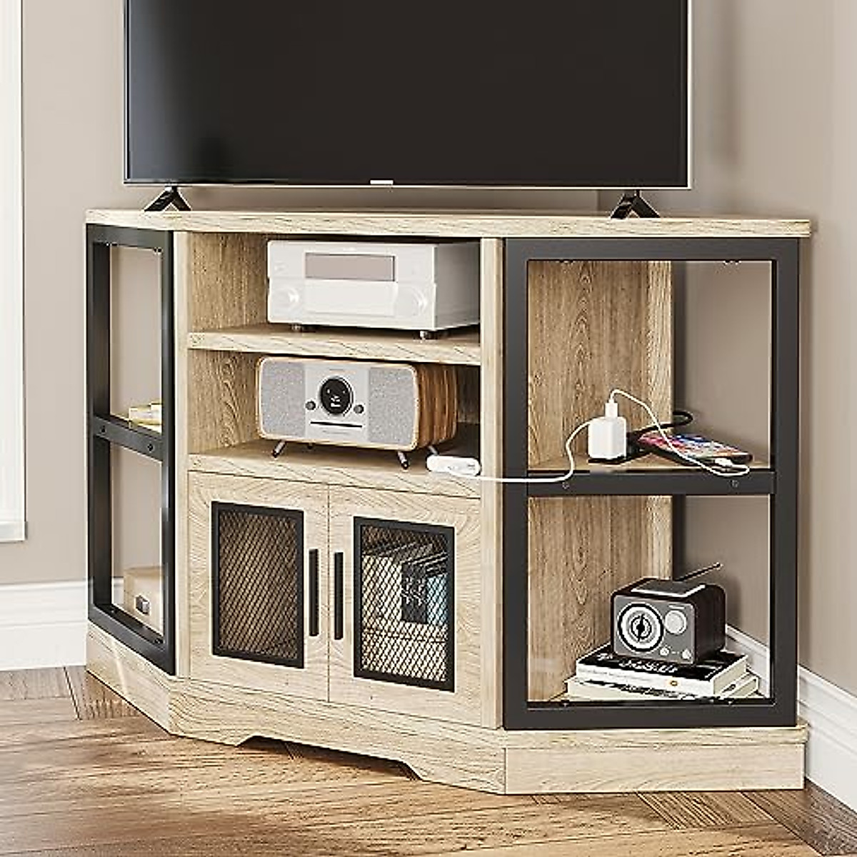 YITAHOME 50 Inches Corner TV Stand w/Power Outlet, Entertainment Center TV Media Console Table with 6 Open Storage Shelve for Living Room, Bedroom, Industrial Corner TV Stand, 47 inches White Oak