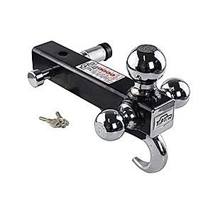 TOPTOW 64180L Trailer Receiver Hitch Triple Ball Mount with Hook, Fits for 2 inch Receiver, Chrome Balls, 2 inch Shank, with 5/8 inch Lock