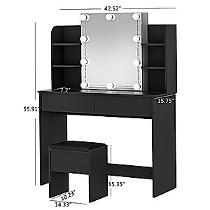 LEVNARY Vanity Set with Lighted Mirror, Makeup Vanity Table with Lights, Makeup Desk Dressing Table with 2 Large Storage Drawers & Cushioned Stool for Bedroom (Black)
