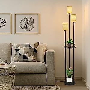 Boho Floor Lamp with Shelves, Black Floor Lamp with Hand-woven Shade, 3-Lights Corner Display Standing Lamp, Farmhouse Rustic Floor Lamps For Living Room, Bedroom, Office, Metal Tall Lamp for Reading