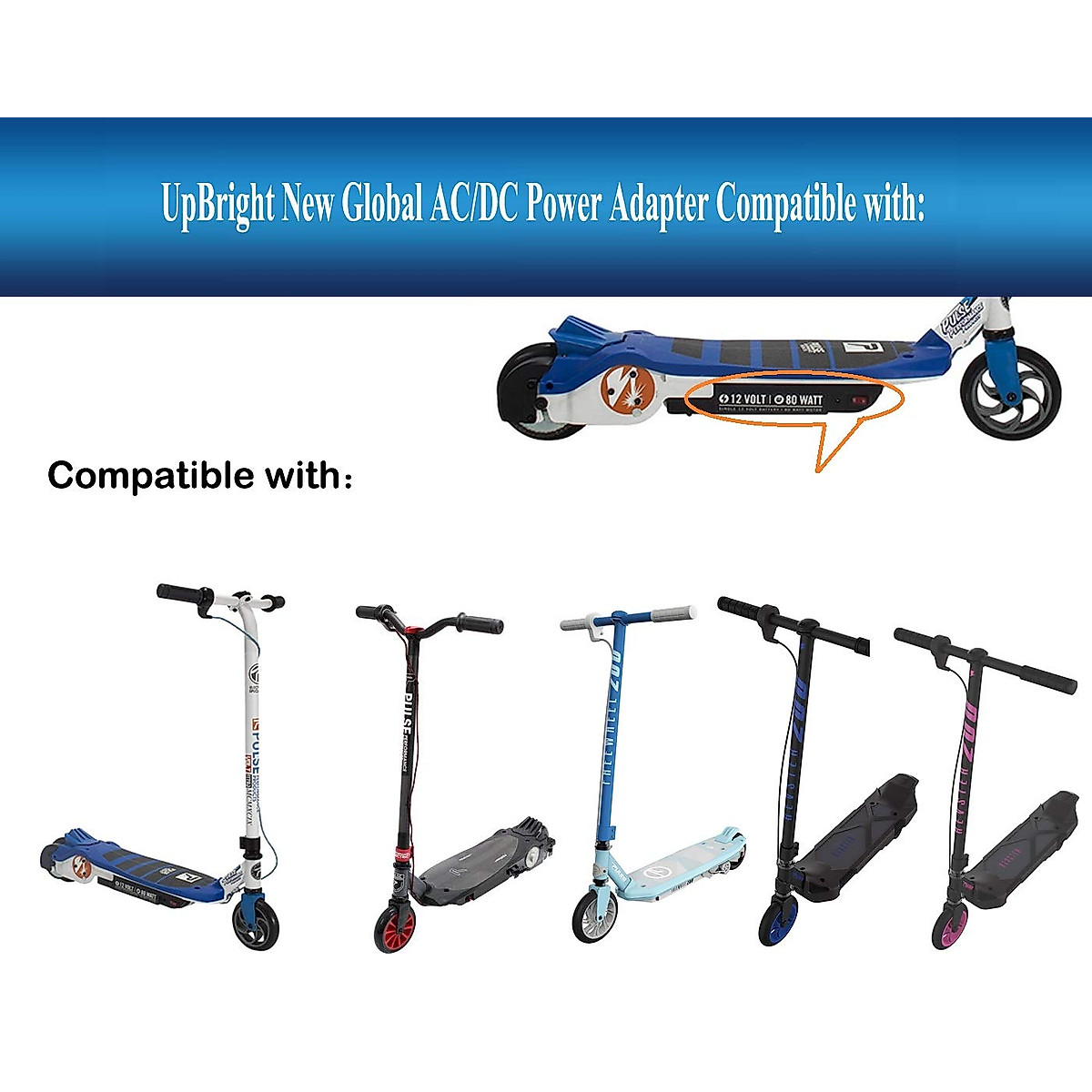 UpBright 12V AC/DC Adapter Compatible with Pulse Performance Revster 200 164235 169590 169878 164253 200s 169974 Razor E100 170018 E200 165715 160966 161909 161149 GRT-11 RK-9 164234 Scooter Charger