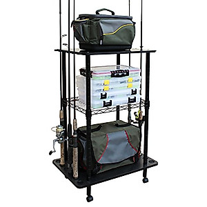 Rush Creek Creations, Fishing Rod Holder for 12-Rods, Fishing Pole Holder for Garage, for Fishing Gear, Pole, Rod, Tackle Box, Holistic Fishing Rod Storage, 12 Freshwater Rod Clips, Big Wheels, Black