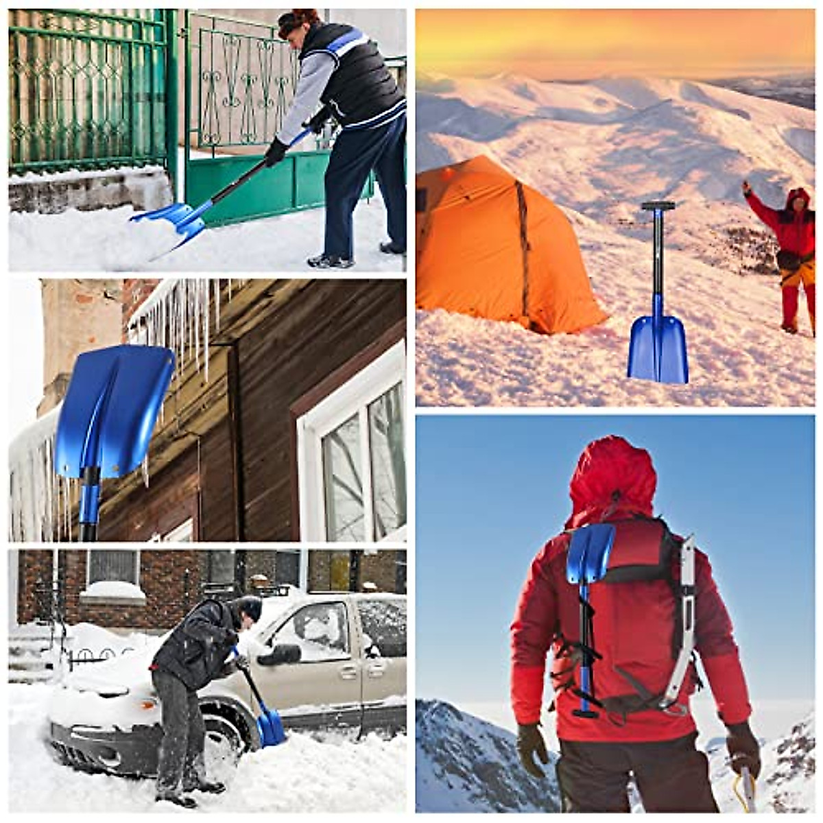 43" Aluminum Snow Shovel for Car Trunk, 4 Sections Collapsible Design Garden/Sport Utility Shovel Portable Snow Scoop Sand Mud Snow Removal Tool for Camping & Outdoor Activities (Blue)