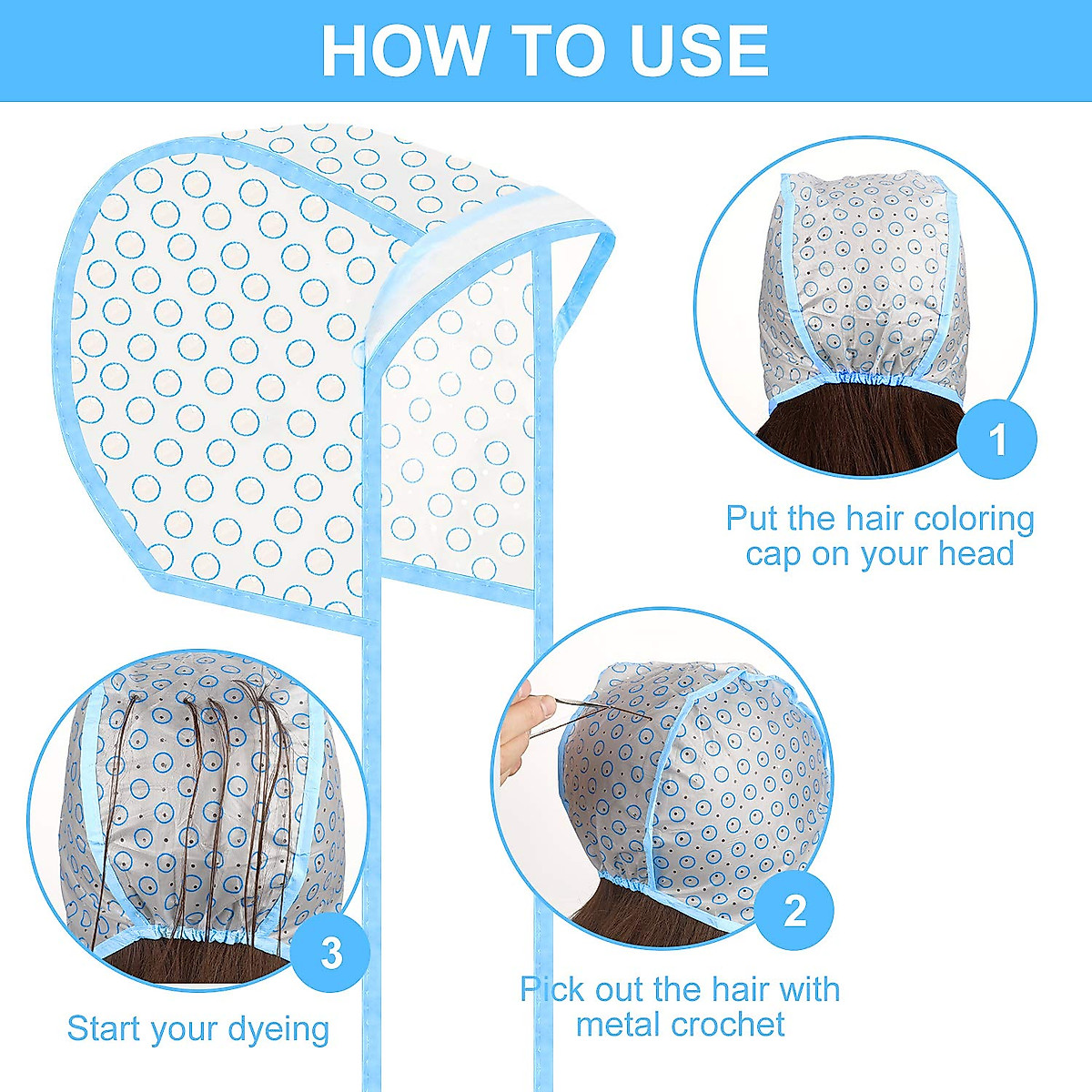 3 Sets Hair Coloring Kit, Includes 3 Pieces of PVC Hair Coloring Caps with 3 Pieces Styling Tools, 3 Pieces Disposable Hair Dye Shawl, 3 Pairs Gloves, 3 Pieces Dye Brushes for Dyeing Hair (Blue)