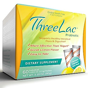 Threelac Probiotic Dietary Supplement, Natural Lemon Flavor, Includes 60 .053-Ounce Packets