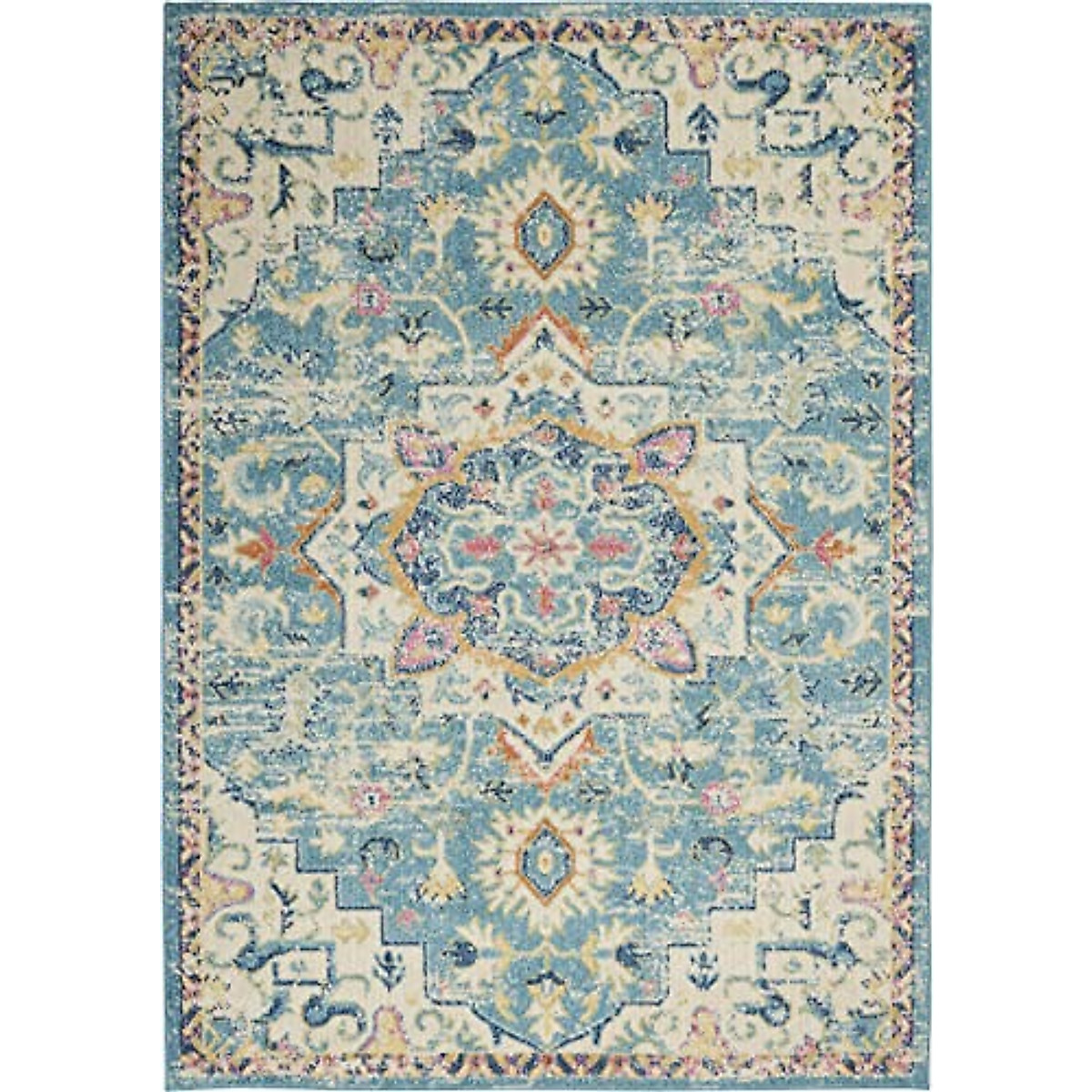 Nourison Passion Ivory/Light Blue 3'9" x 5'9" Area Rug, Boho, Moroccan, Bed Room, Living Room, Dining Room, Kitchen, Easy Cleaning, Non Shedding, (4' x 6')